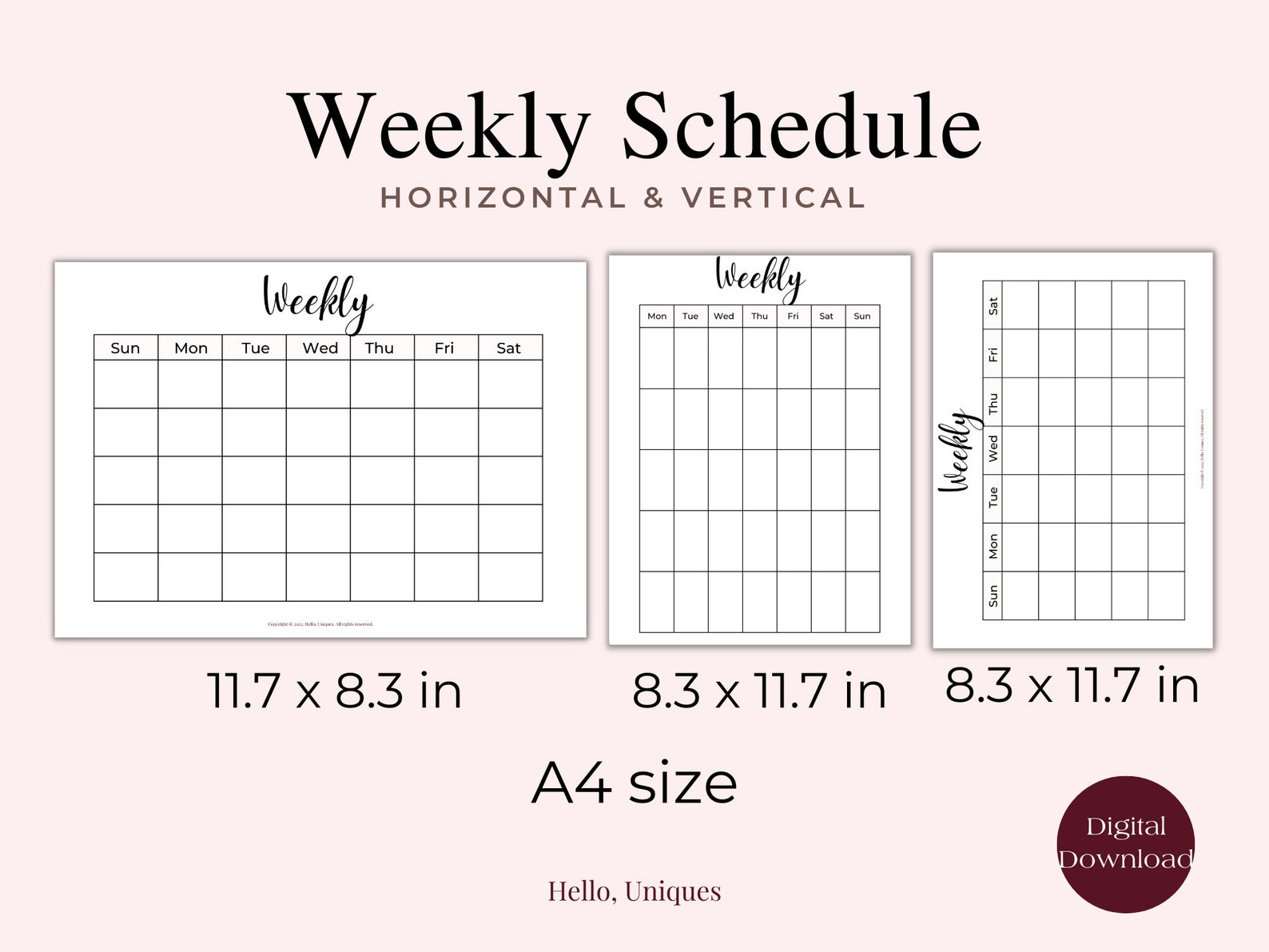 Horizontal and Vertical Minimal Weekly Schedule Weekly Planner ...