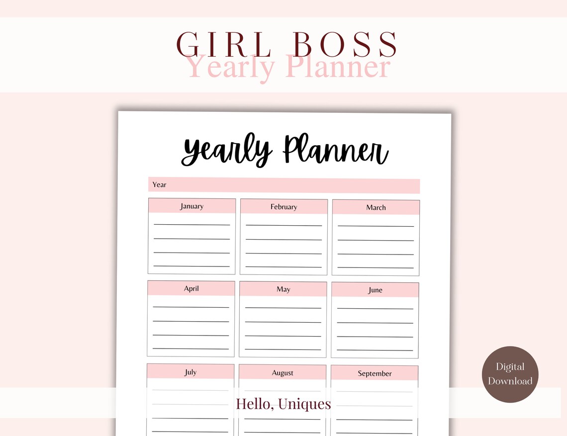 Yearly Planner | Year at a Glance | Pink Minimal Calm | Printable | A4 ...