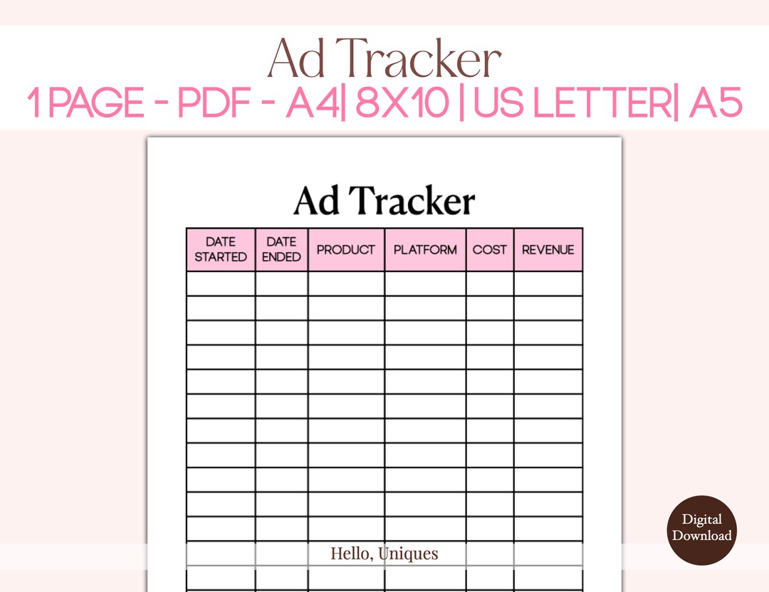 Ad Tracker Pink Printable PDF A4 A5 US Letter Finance Tracker Planner ...