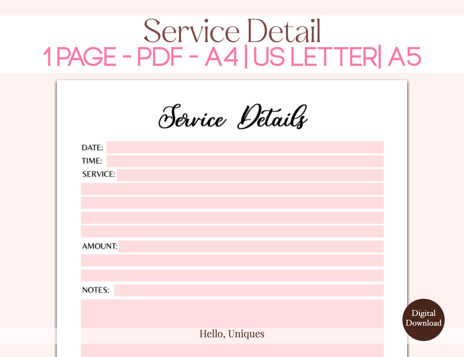 Service Details | Printable | PDF | A4 | A5 | US Letter | 8x10 | Half ...