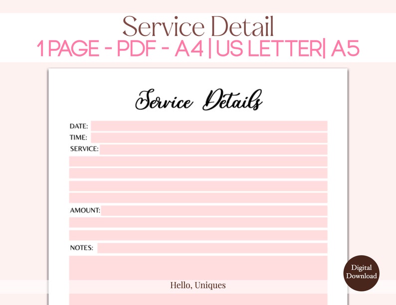 Service Details | Printable | PDF | A4 | A5 | US Letter | 8x10 | Half ...