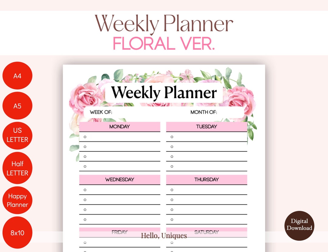 Undated Pink Floral Weekly Planner | Weekly Goal | Overview Weekly ...