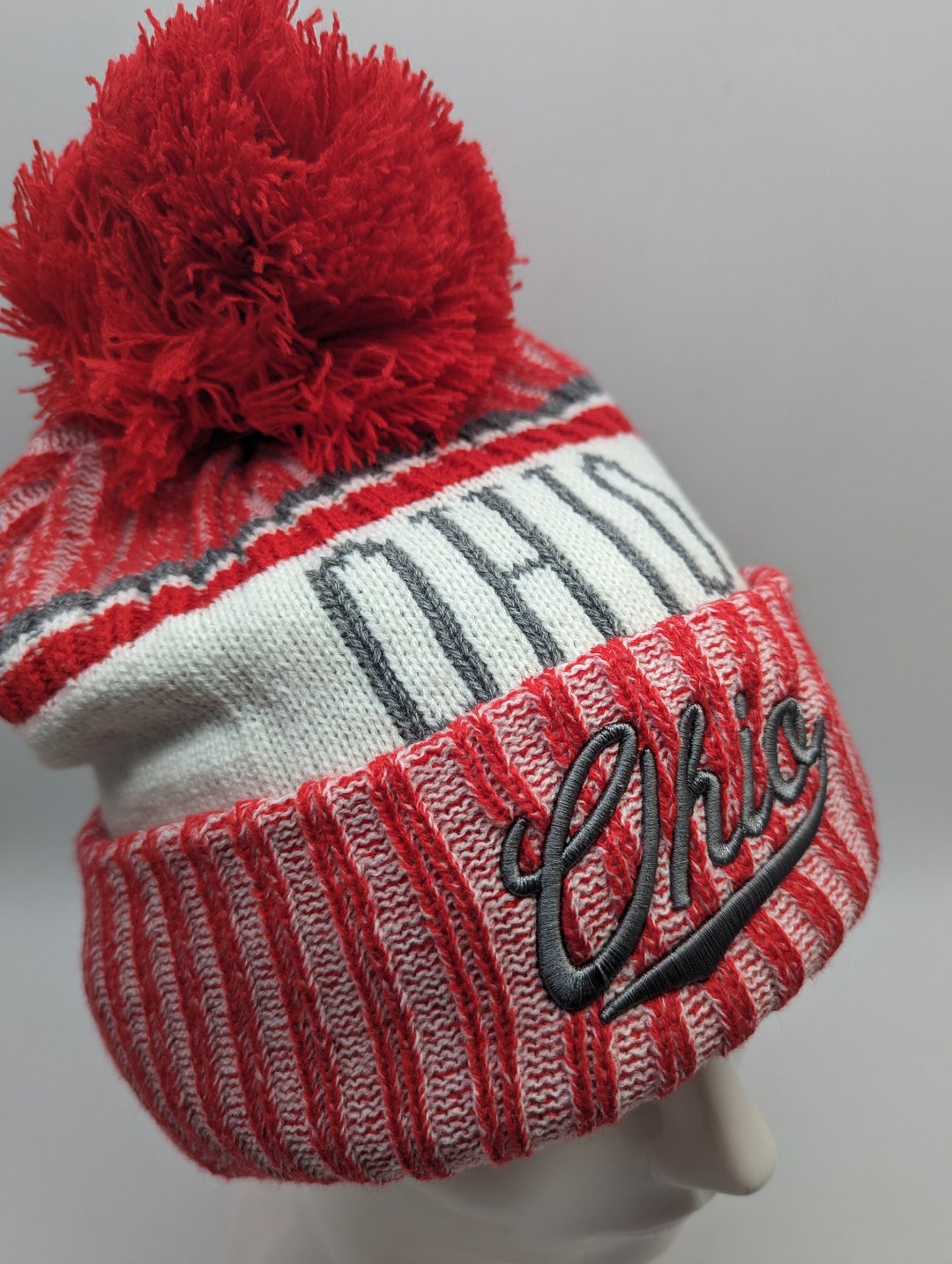 Ohio Winter Hat - Red Scarlet Grey Gray - Soft Plush Lined Hat- Pom Pom ...