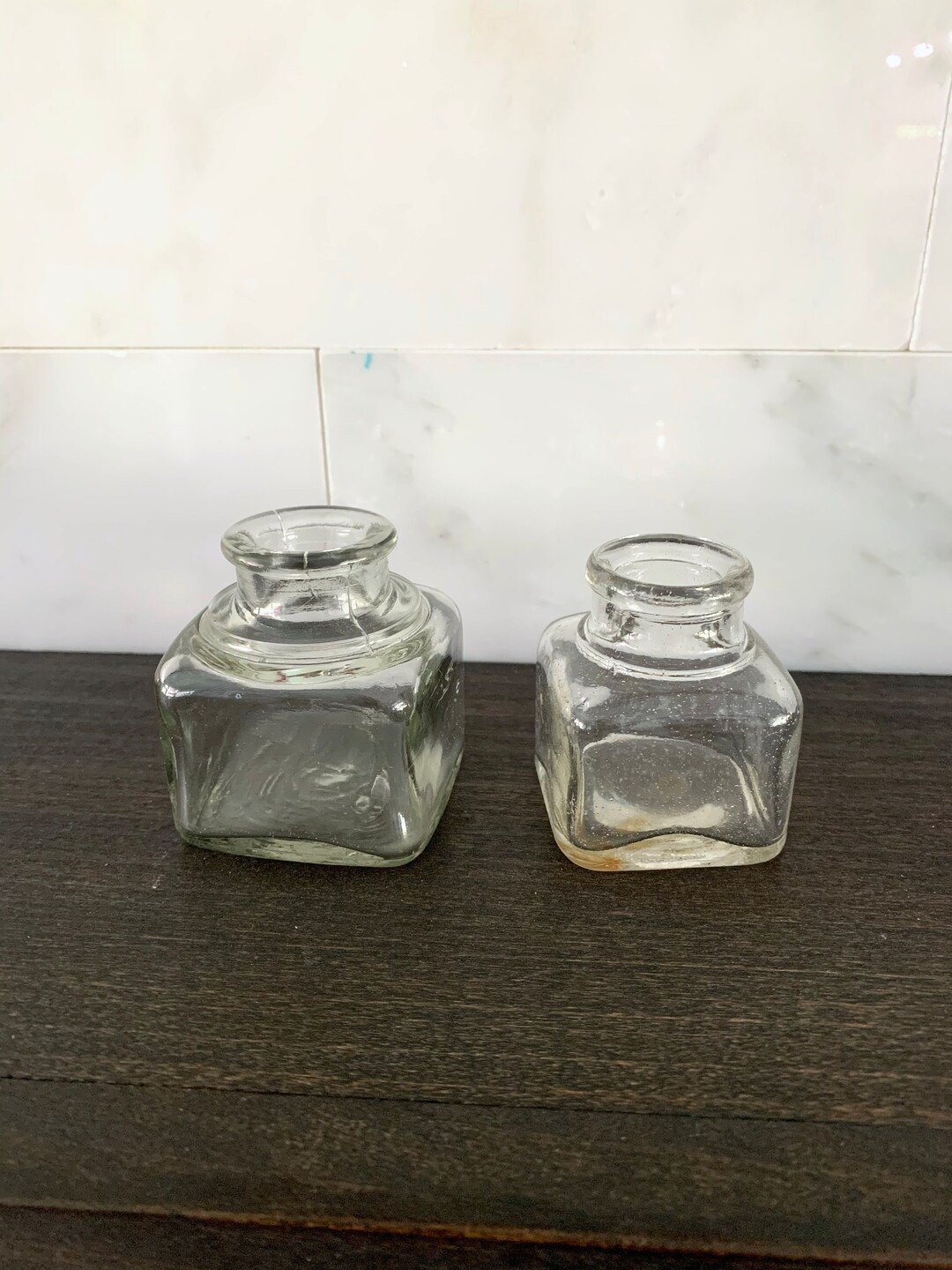 Vintage Glass Ink Bottles / Lot of 2 Square Clear Glass Ink Well Jars ...