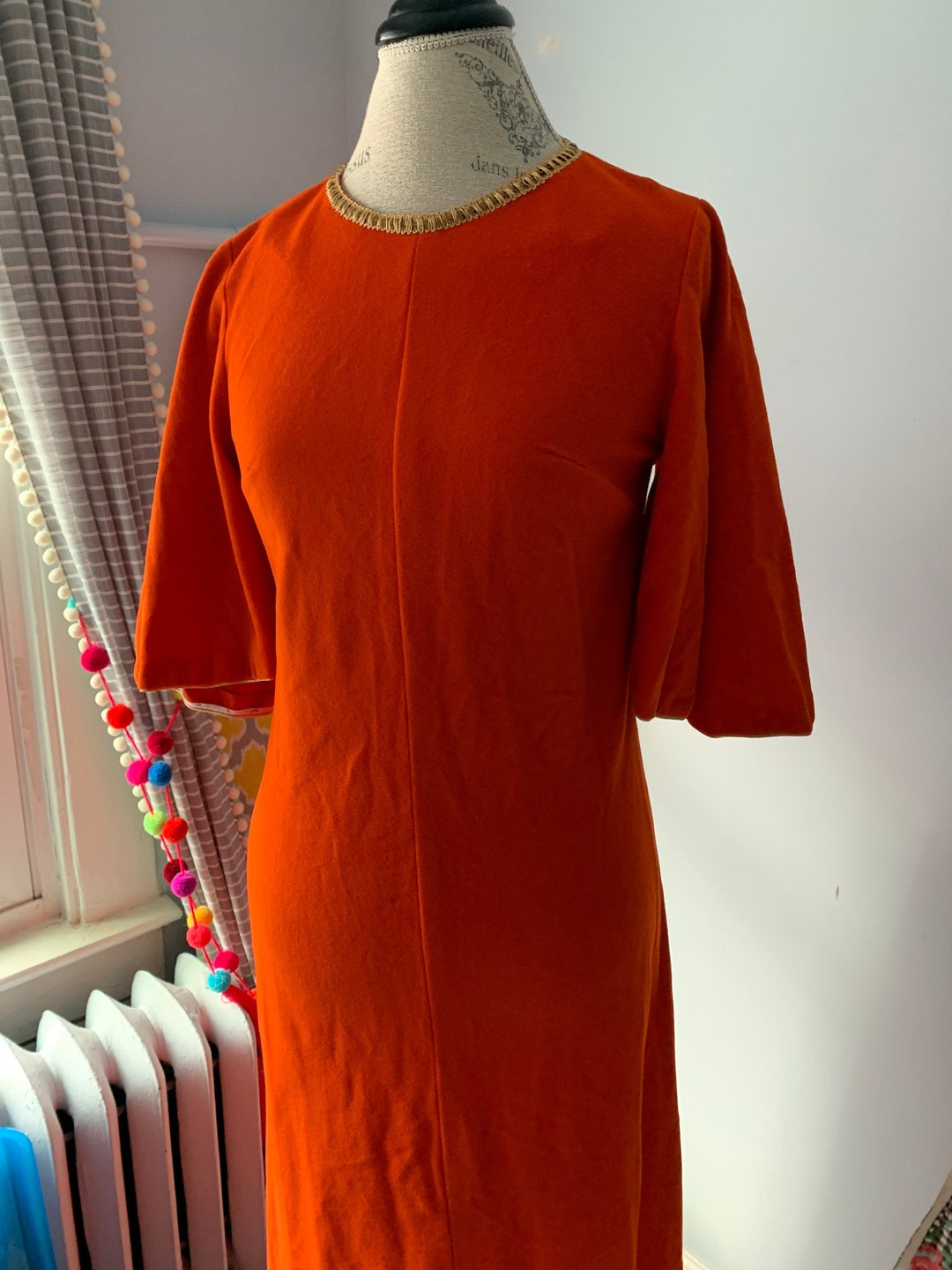 Vintage Batwing Housecoat / 70s Orange Robe Gold Trim / Fleece Robe ...