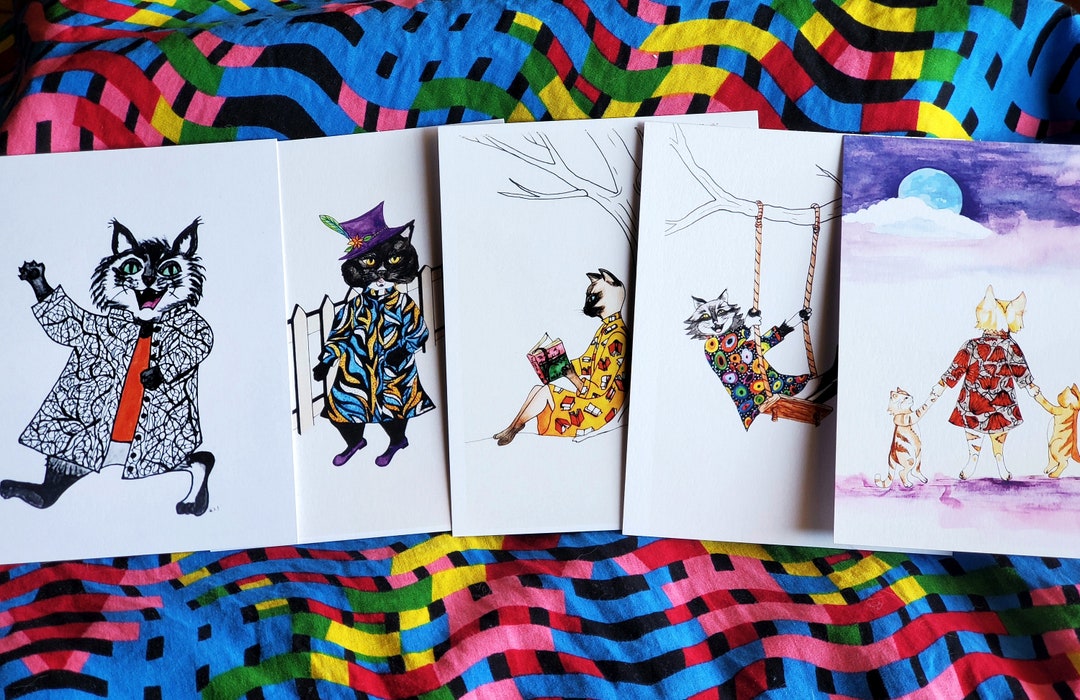 Cat Art Prints Set of 5, Small 4.5x6 Inch, Whimsical - Etsy