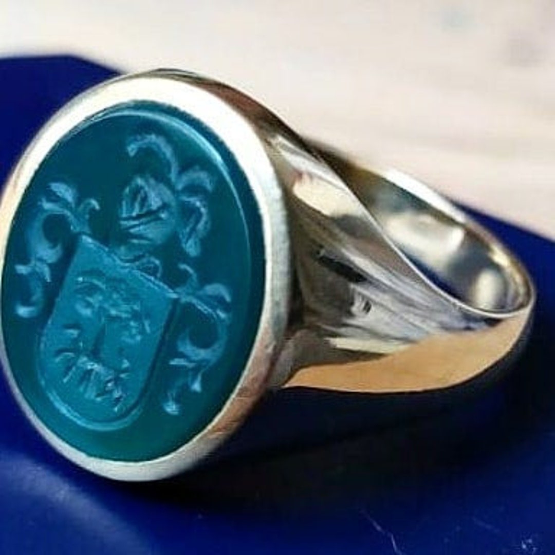Gold Ring With Heraldic Shield Engraved Green Stone - Etsy