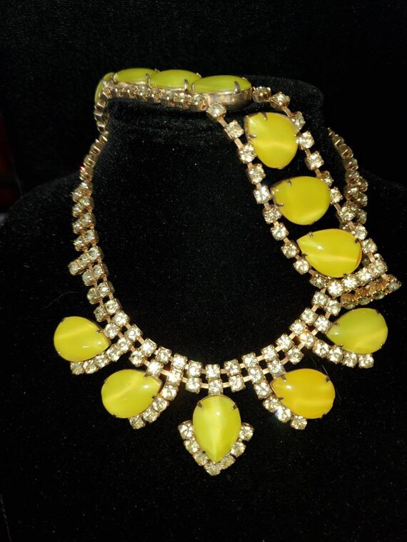 Vintage Lemon Yellow Rhinestone Necklace Bracelet Set… - Gem