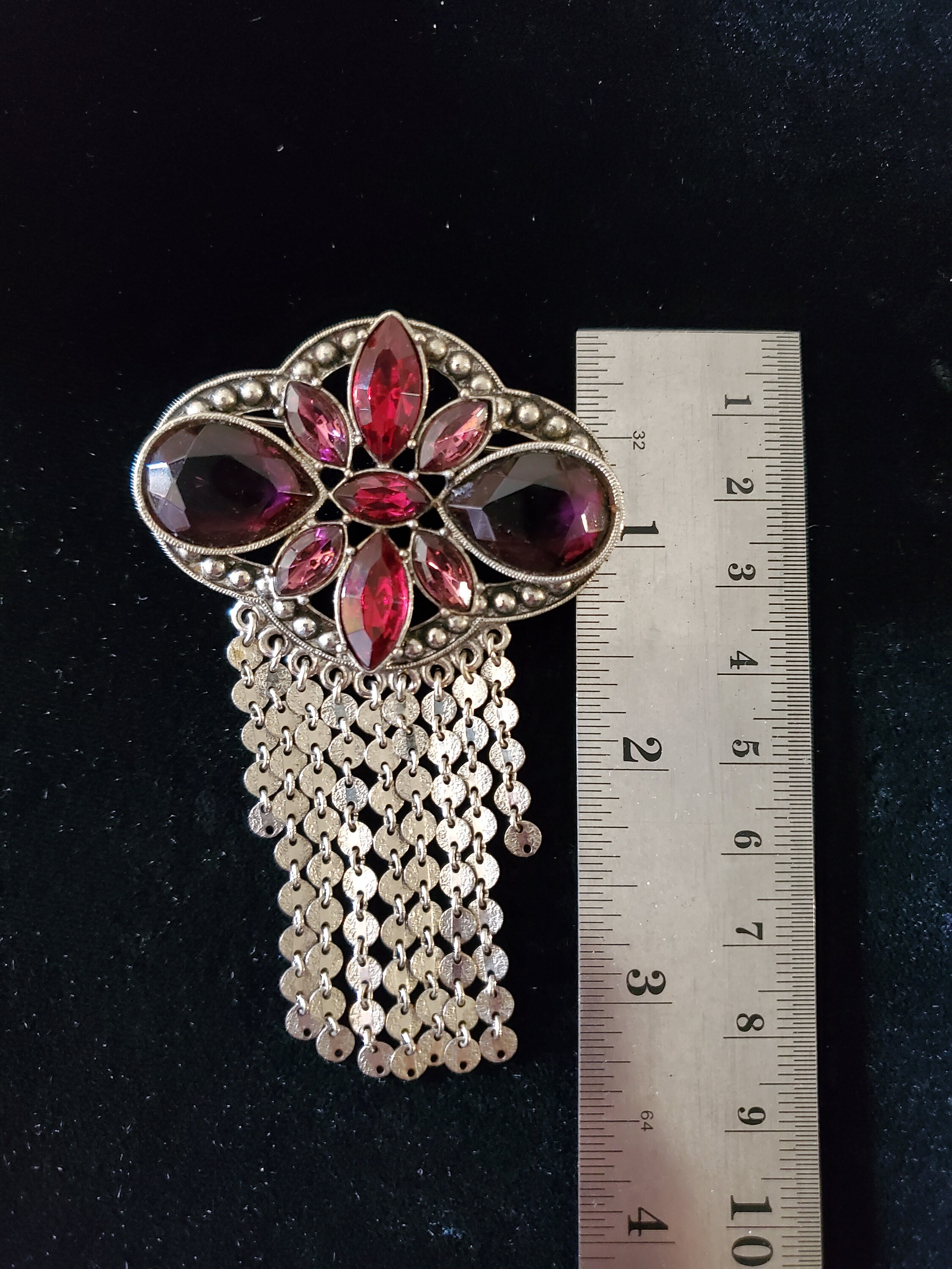 Vintage 1928 Brooch Victorian Revival Disk Fringe Silver Tone Collar ...