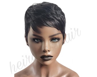 TERRI Beginners Friendly Petite Wig 100% Human Hair Pixie Black Woman Wig Salt and Pepper Grey ...