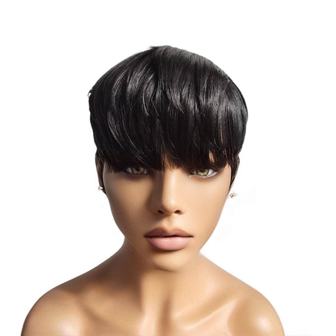 Bowl Cut Pixie Wig: Short Tapered Razor Cut Human Hair Wig With Bangs ...