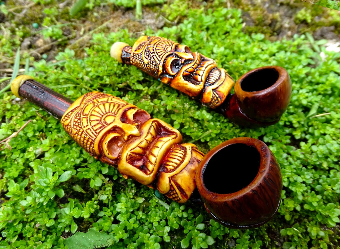 Ku Tiki Mask Tobacco Smoking Hand Pipe Handmade Polynesian God Natural ...