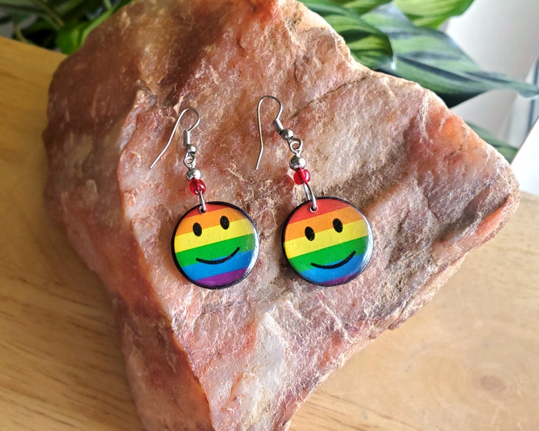 Rainbow Striped Smiley Face Dangle Earrings Handmade Pride - Etsy