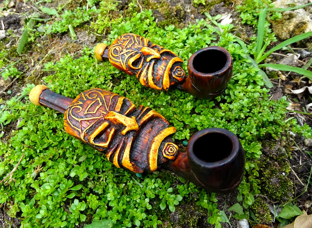 Lono Tiki Mask Tobacco Smoking Hand Pipe Handmade Polynesian God ...