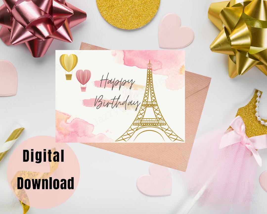 Paris Pink and Gold Birthday Card- Paris Watercolor Printable Card ...