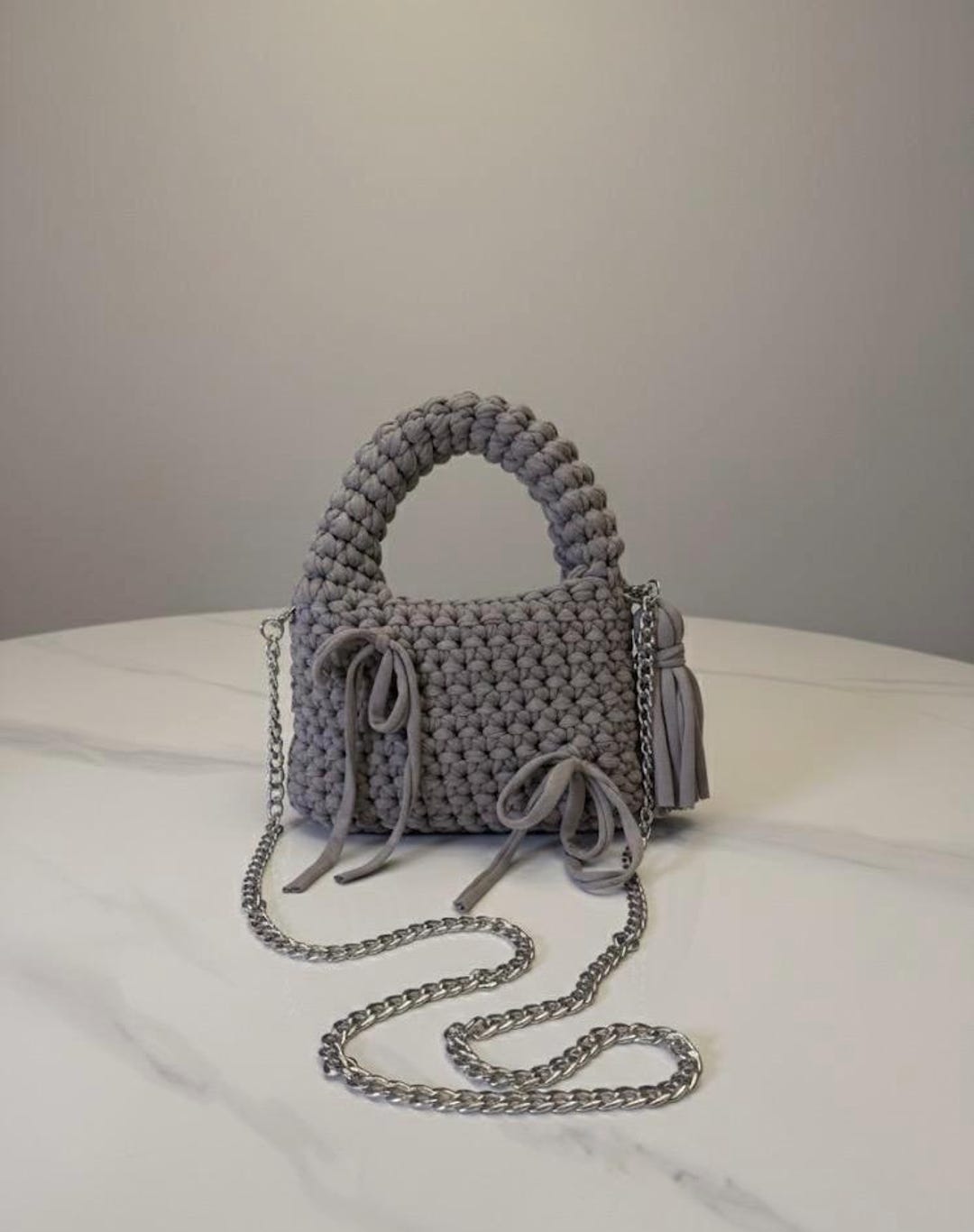 Handmade Grey Crochet Purse With Chunky Handle & Tassel –silver Metal ...