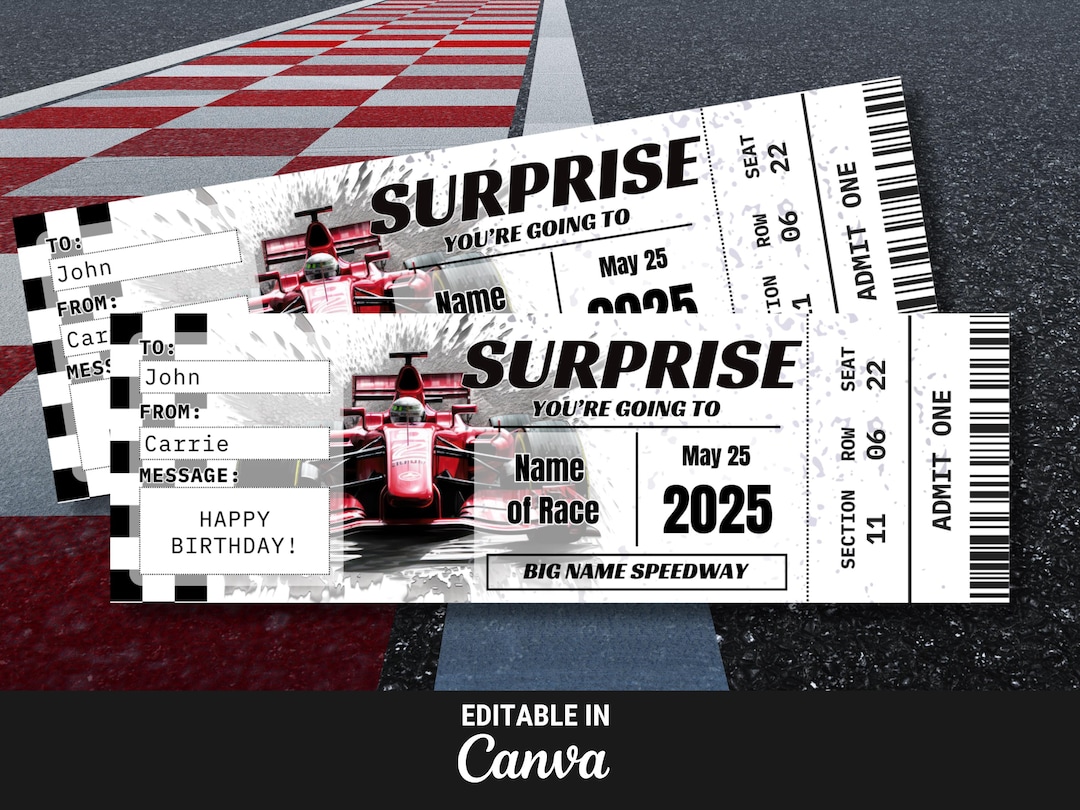 Formula 1 Race Day Ticket Template, Editable F1 Gift Voucher for Grand ...