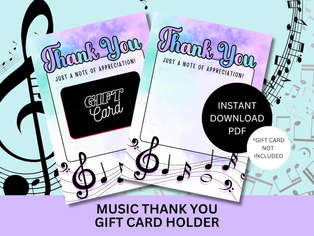 Printable Thank You Card for Music Teacher Gift Card Holder for Choir ...