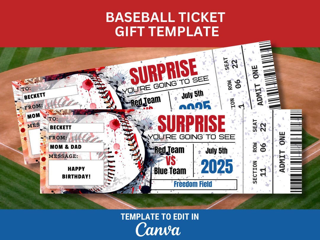 Editable Baseball Game Ticket Template for Gift Ticket to Baseball Game Ticket Printable Ticket ...
