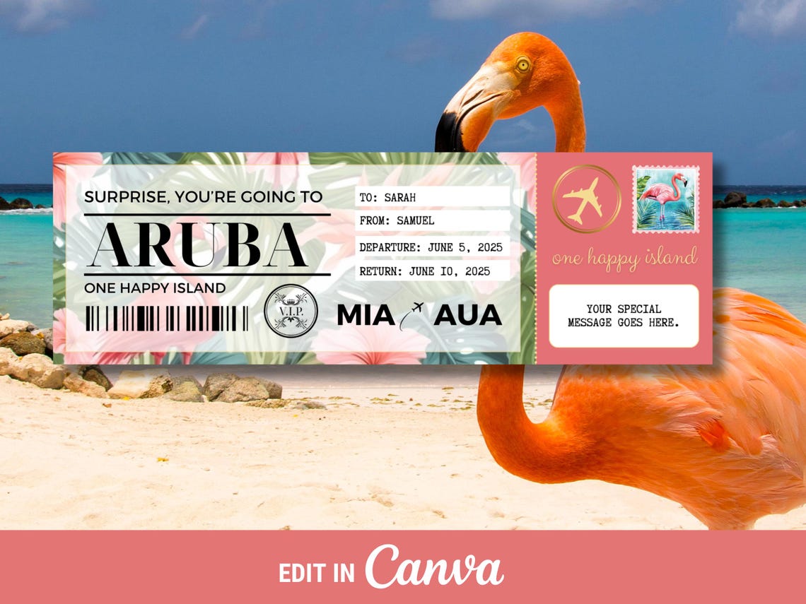 Printable Aruba Surprise Trip Ticket for Surprise Gift to Aruba Trip ...