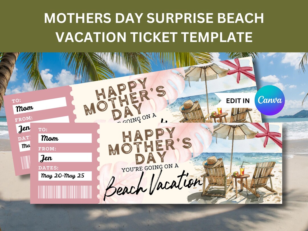 Mother's Day Beach Vacation Ticket for Surprise Gift to Beach Trip ...