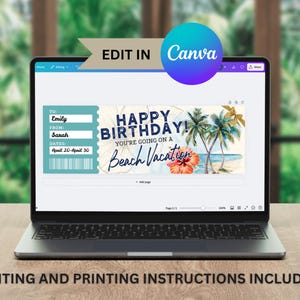 Editable Birthday Beach Vacation Ticket for Surprise Gift to Beach Trip ...