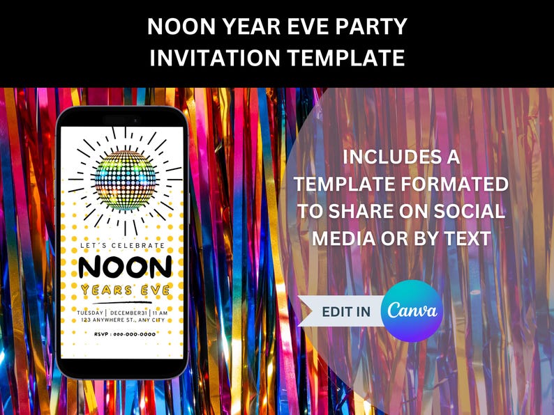 Editable Noon Years Eve Party Invite Template for Noon Years Eve Party ...