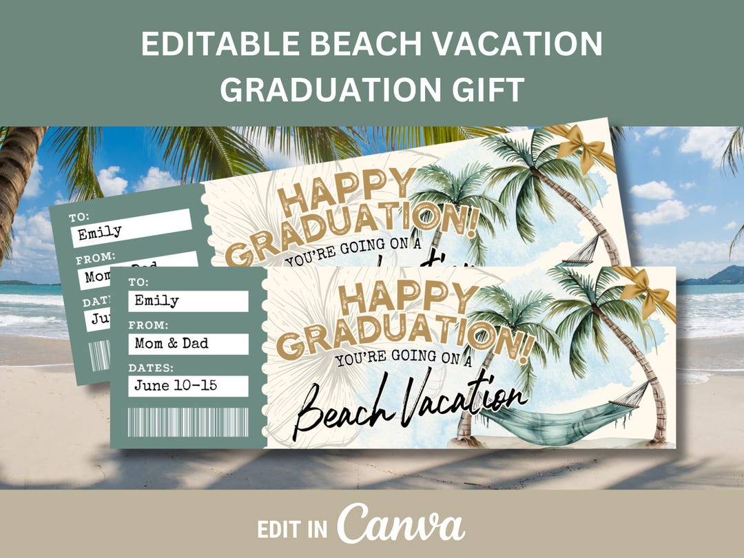 Graduation Beach Vacation Boarding Pass for Graduation Gift to Beach ...