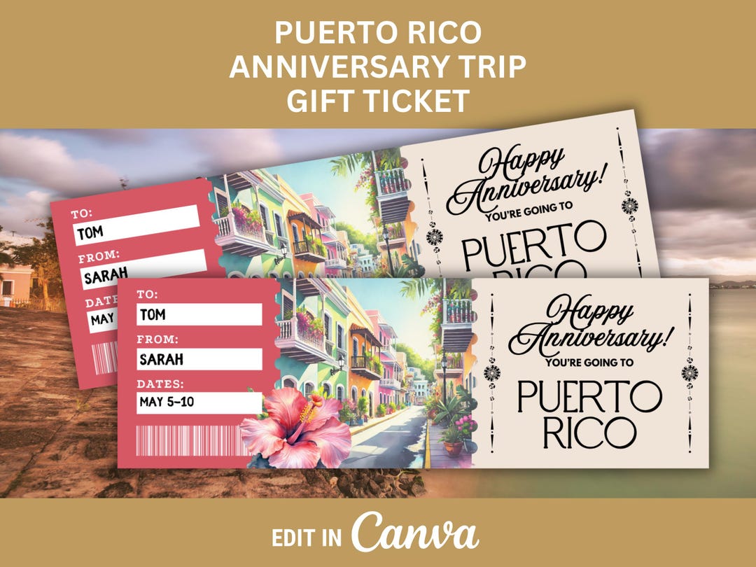 Editable Puerto Rico Trip Ticket for Surprise Anniversary Gift to ...