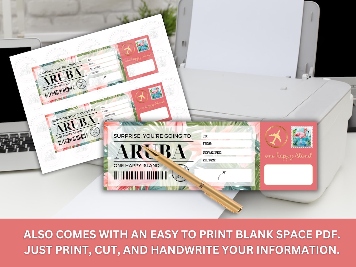 Printable Aruba Surprise Trip Ticket for Surprise Gift to Aruba Trip ...
