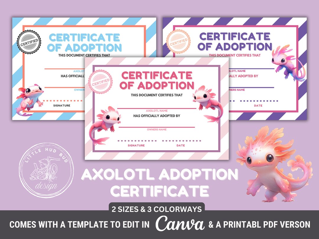 Axolotl Adoption Certificate of Adoption for Axolotl Birthday Gift ...