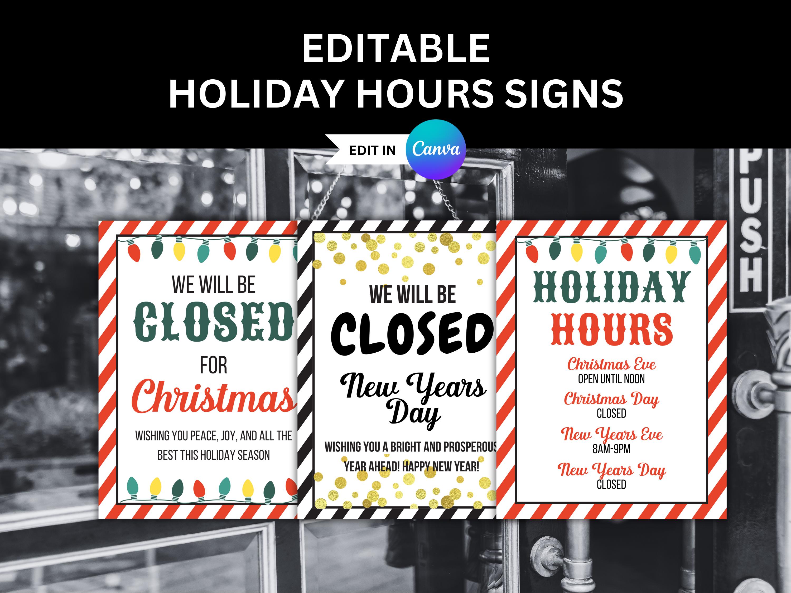 Editable Holiday Hours Signs Closed on Christmas Sign for Store Hours ...