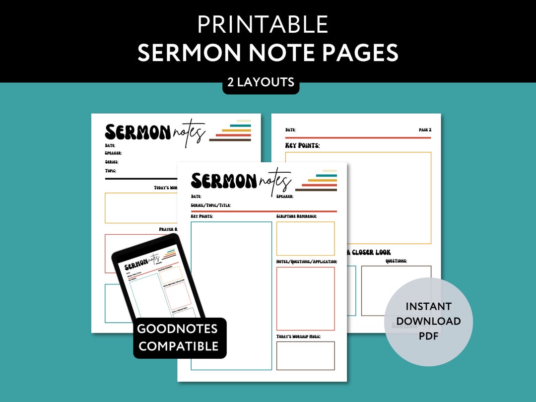 Sermon Notes for Instant Download, Printable Digital Bible Study ...