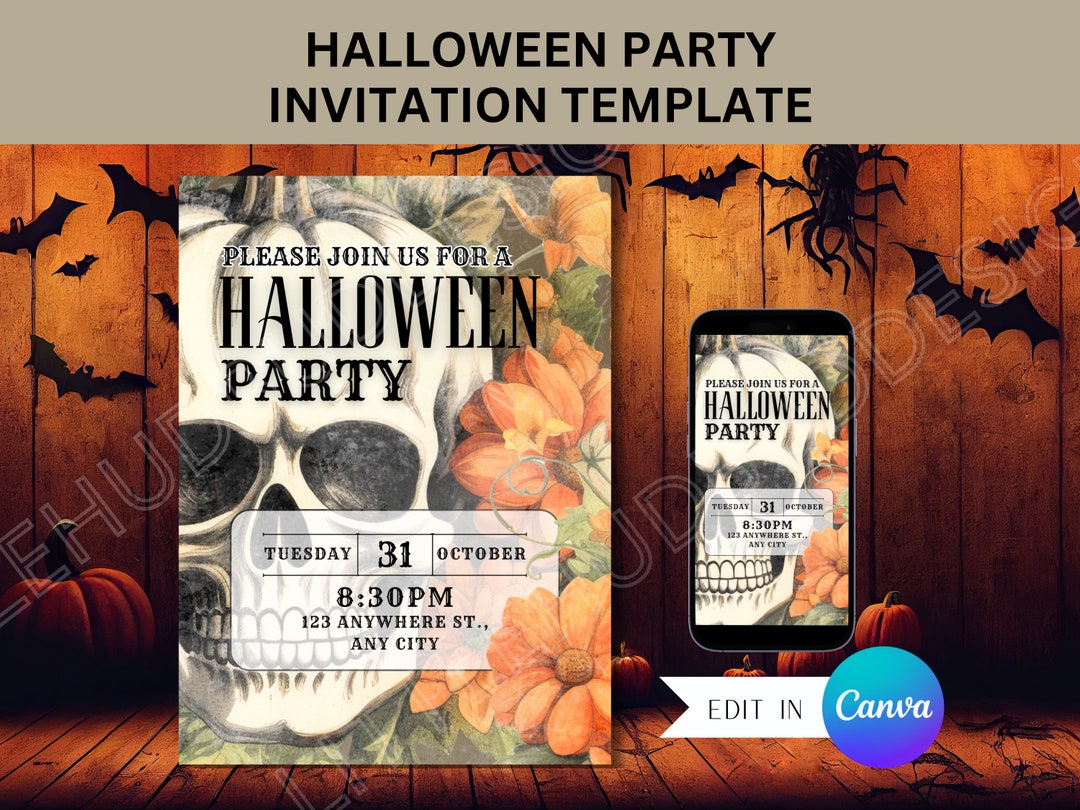 EDITABLE Halloween Party Invitation Canva Template Digital Halloween ...