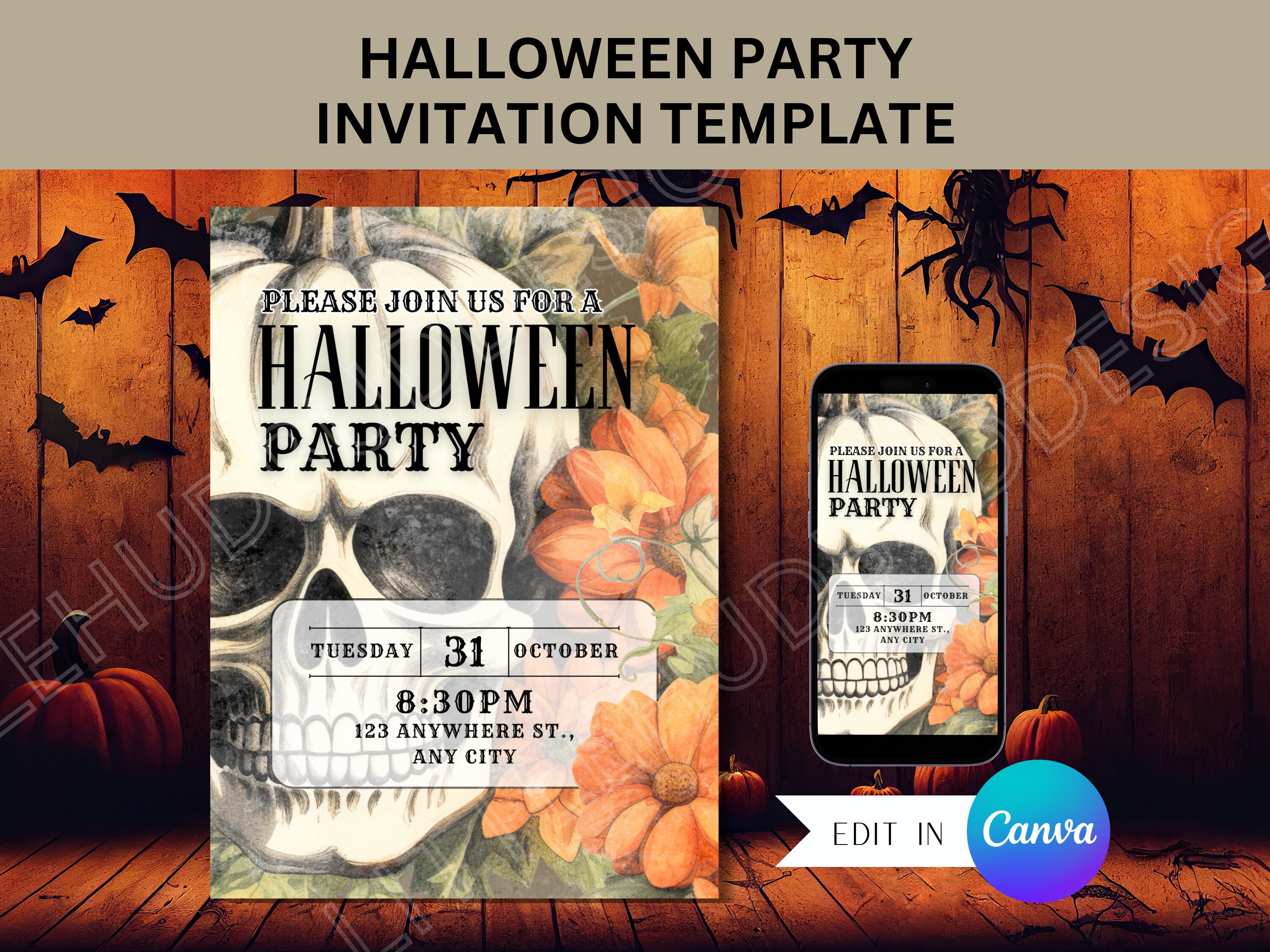 EDITABLE Halloween Party Invitation Canva Template Digital Halloween ...