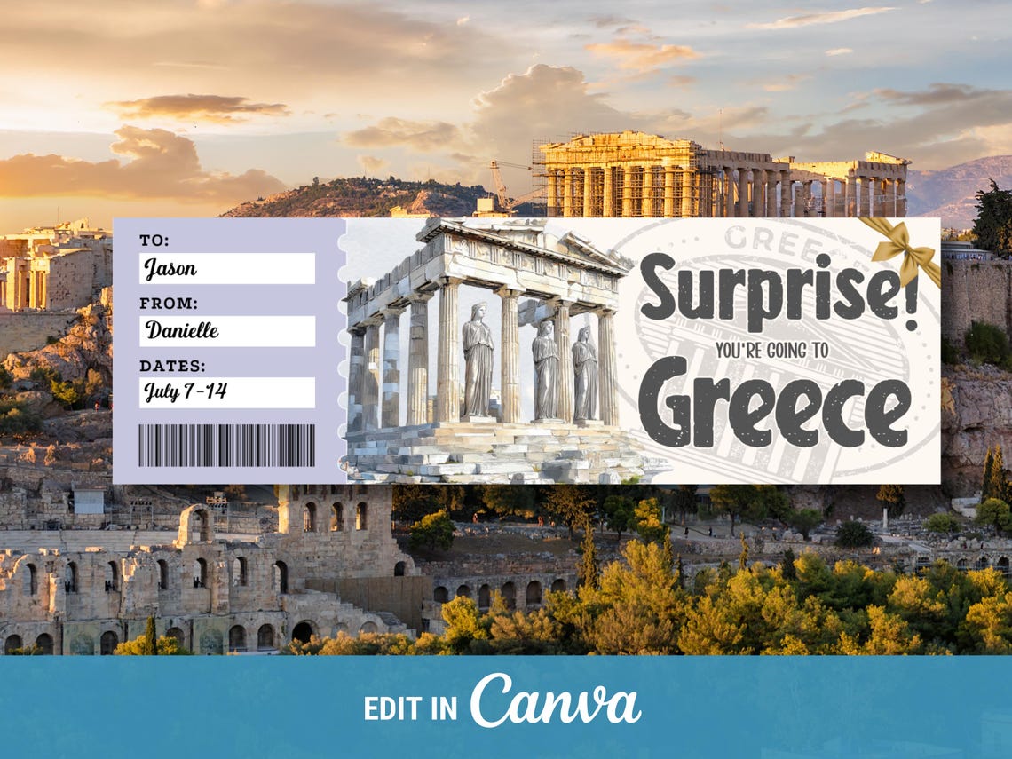 Greece Surprise Trip Ticket for Surprise Gift to Greece Boarding Pass ...