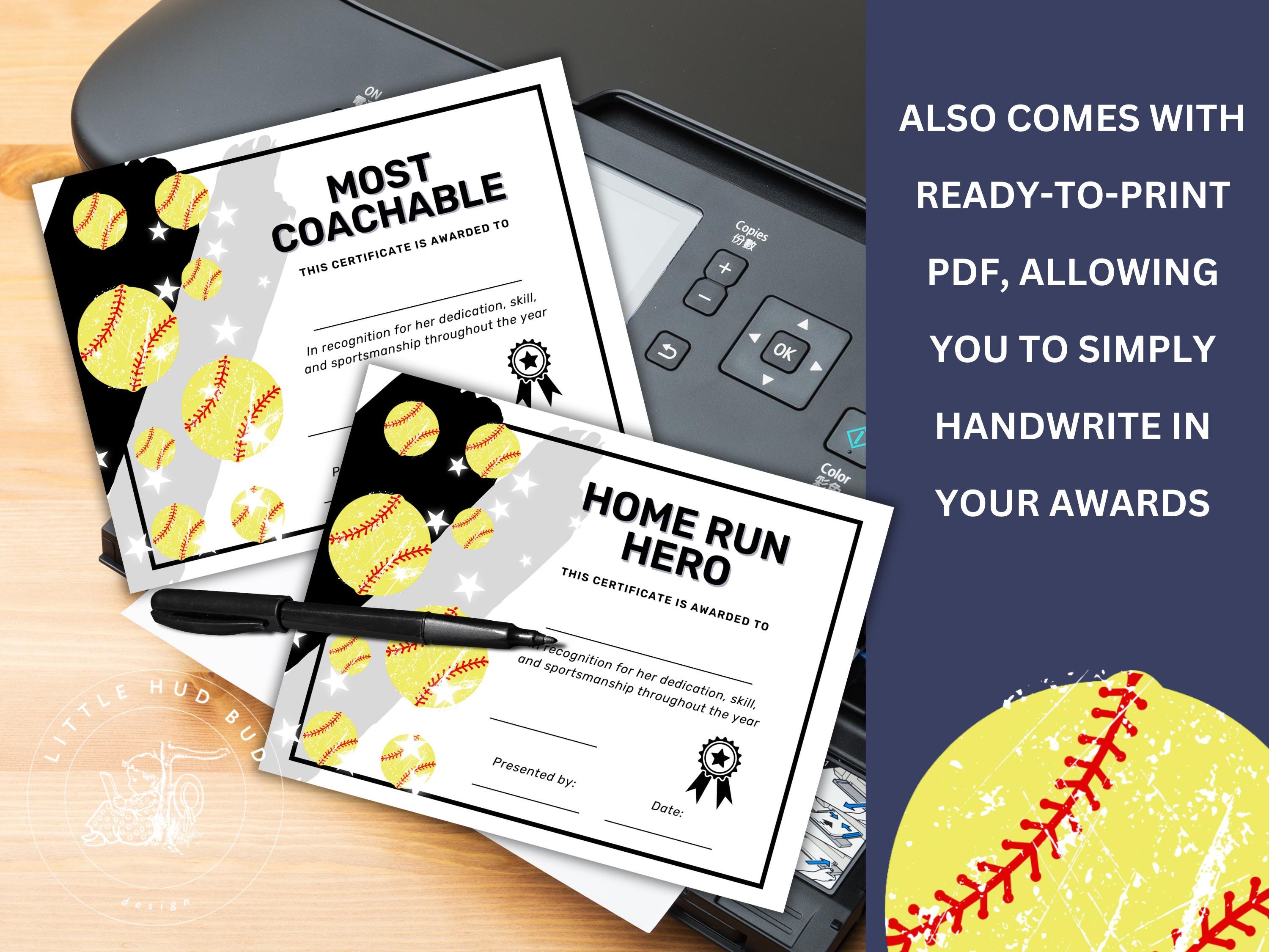 SOFTBALL TEAM AWARD Certificates for Softball Banquet Awards for ...