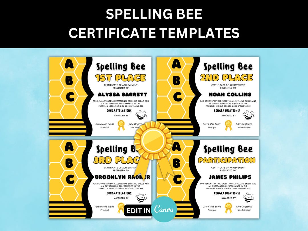 Editable Spelling Bee Certificates Printable Spelling Bee Awards School ...