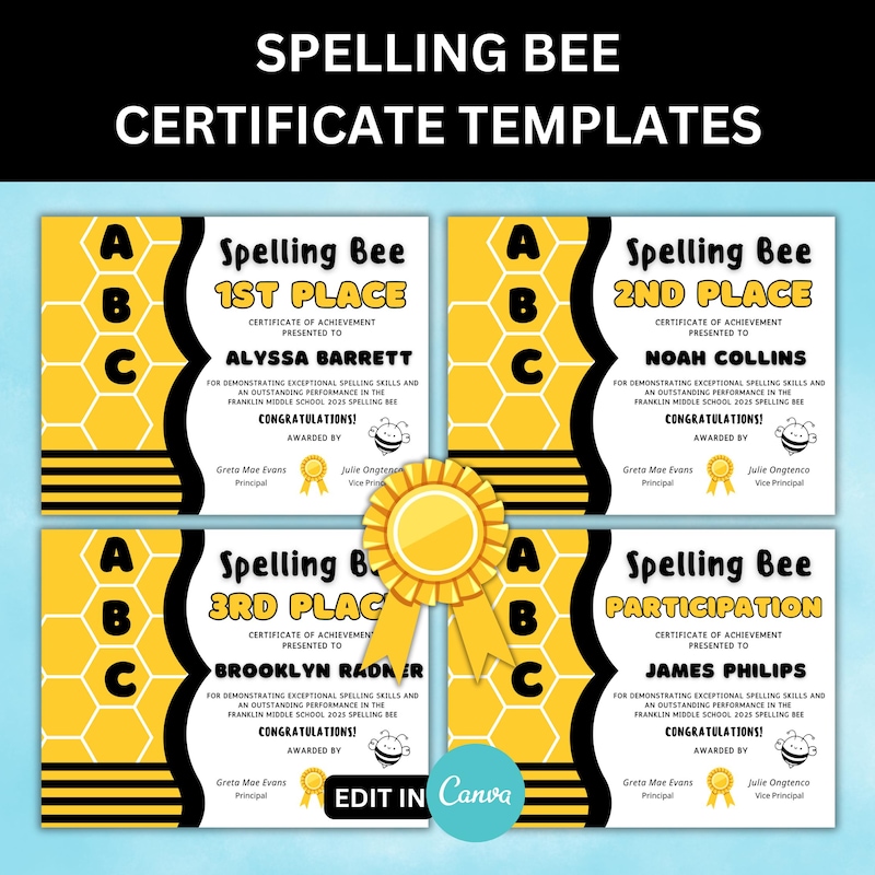 Spelling bee certificate template - Etsy México