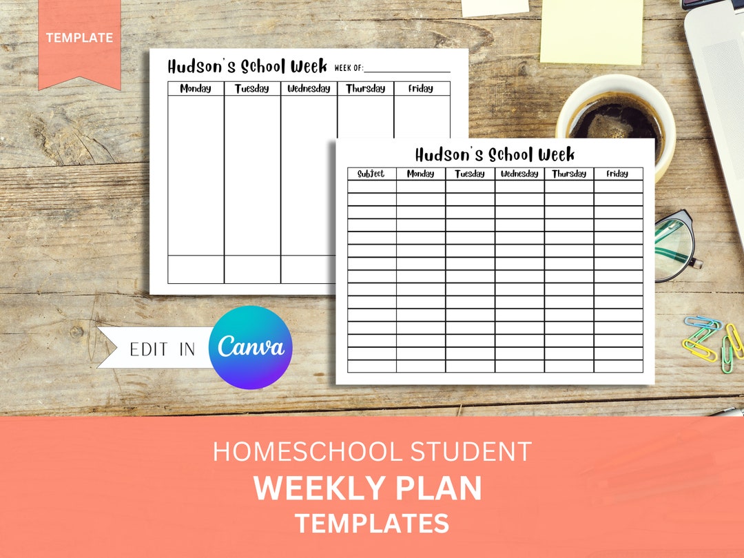 Homeschool Planner Template for Homeschool Student Weekly Plan Edit in ...