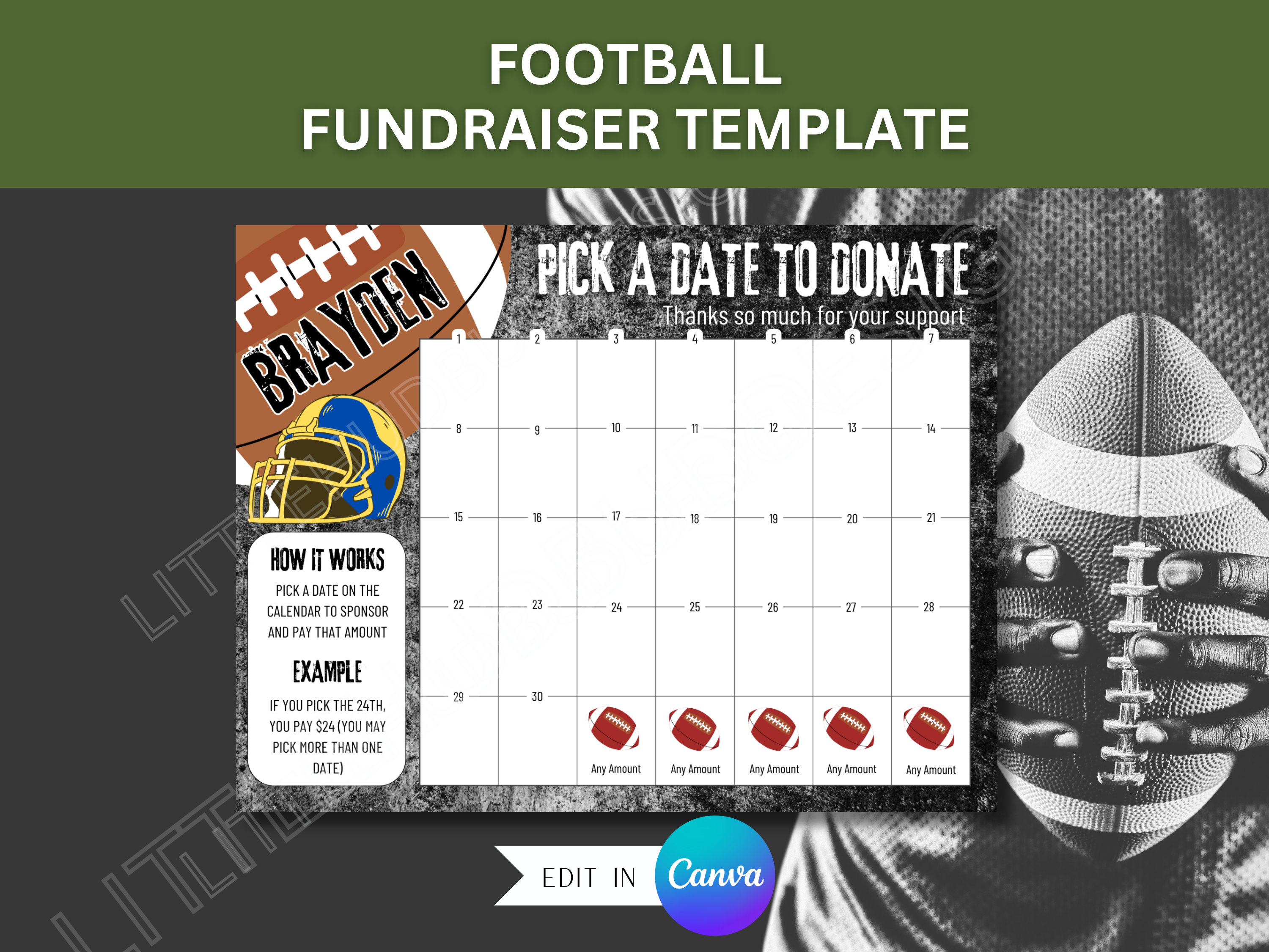 Editable Football Calendar Fundraiser for Football Pick a Date to ...