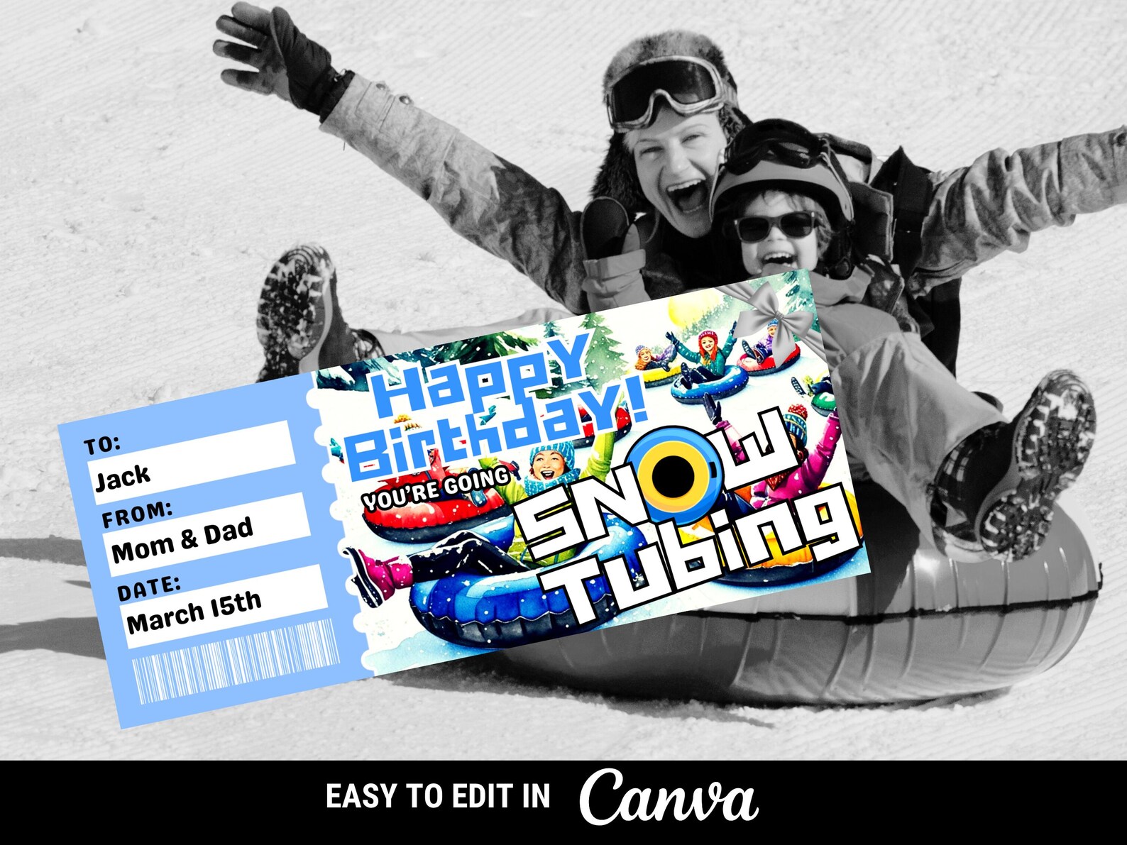 Editable Snow Tubing Ticket for Surprise Birthday Gift for Snow Tubing ...