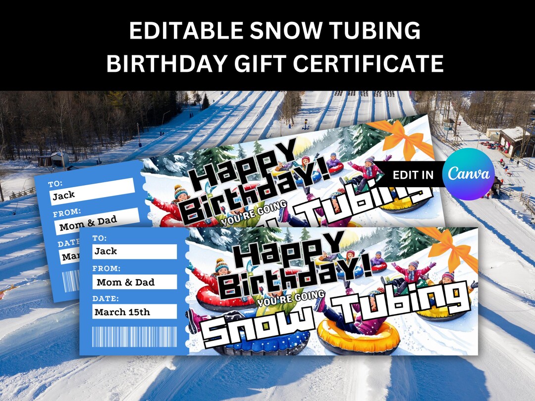 Editable Snow Tubing Ticket for Surprise Birthday Gift for Snow Tubing ...