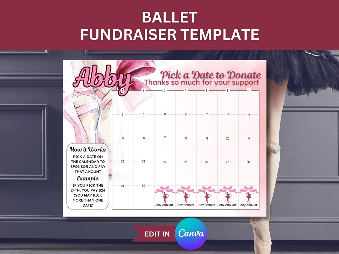 Editable Ballet Calendar Fundraiser for Dance Pick a Date to Donate ...