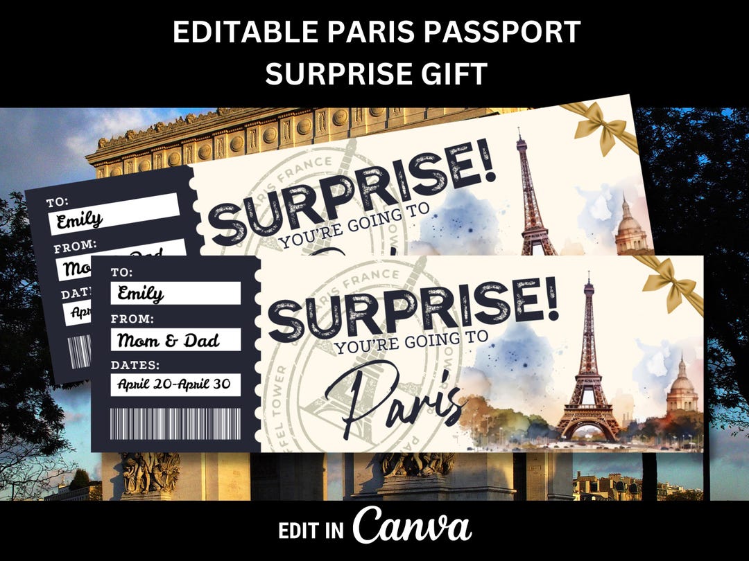 Editable Paris France Surprise Ticket to Paris Boarding Pass Printable ...