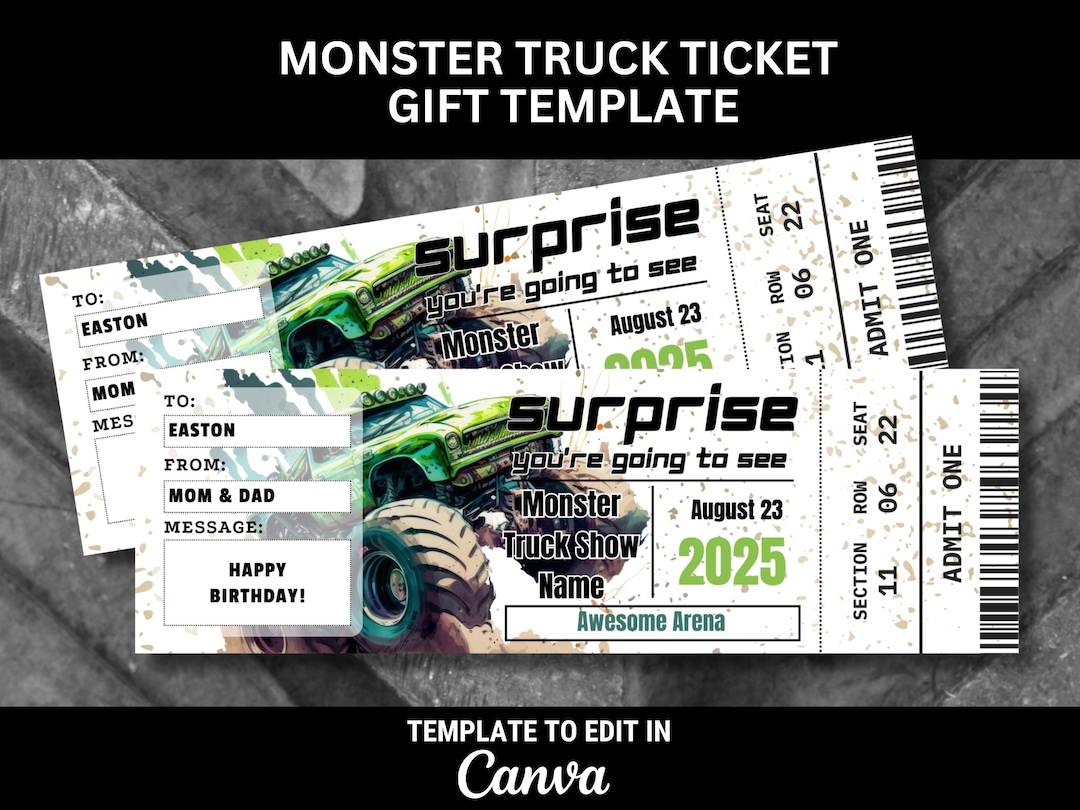 Editable Monster Truck Ticket Stub Template for Surprise Monster Truck ...