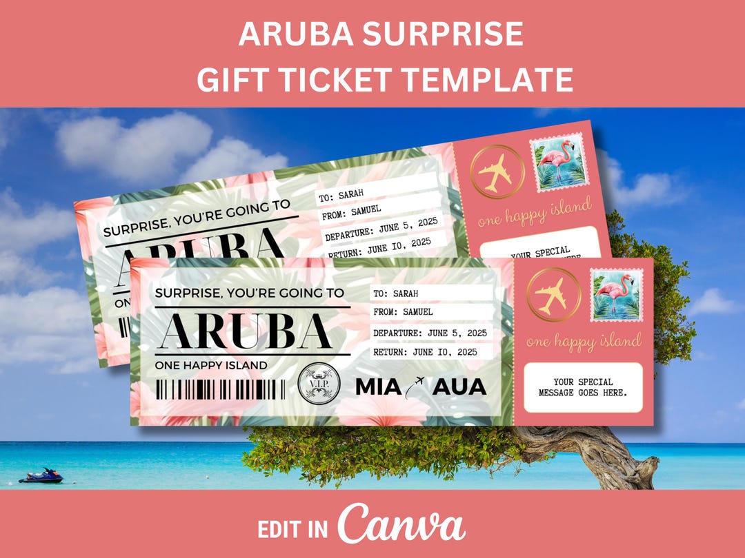 Printable Aruba Surprise Trip Ticket for Surprise Gift to Aruba Trip ...