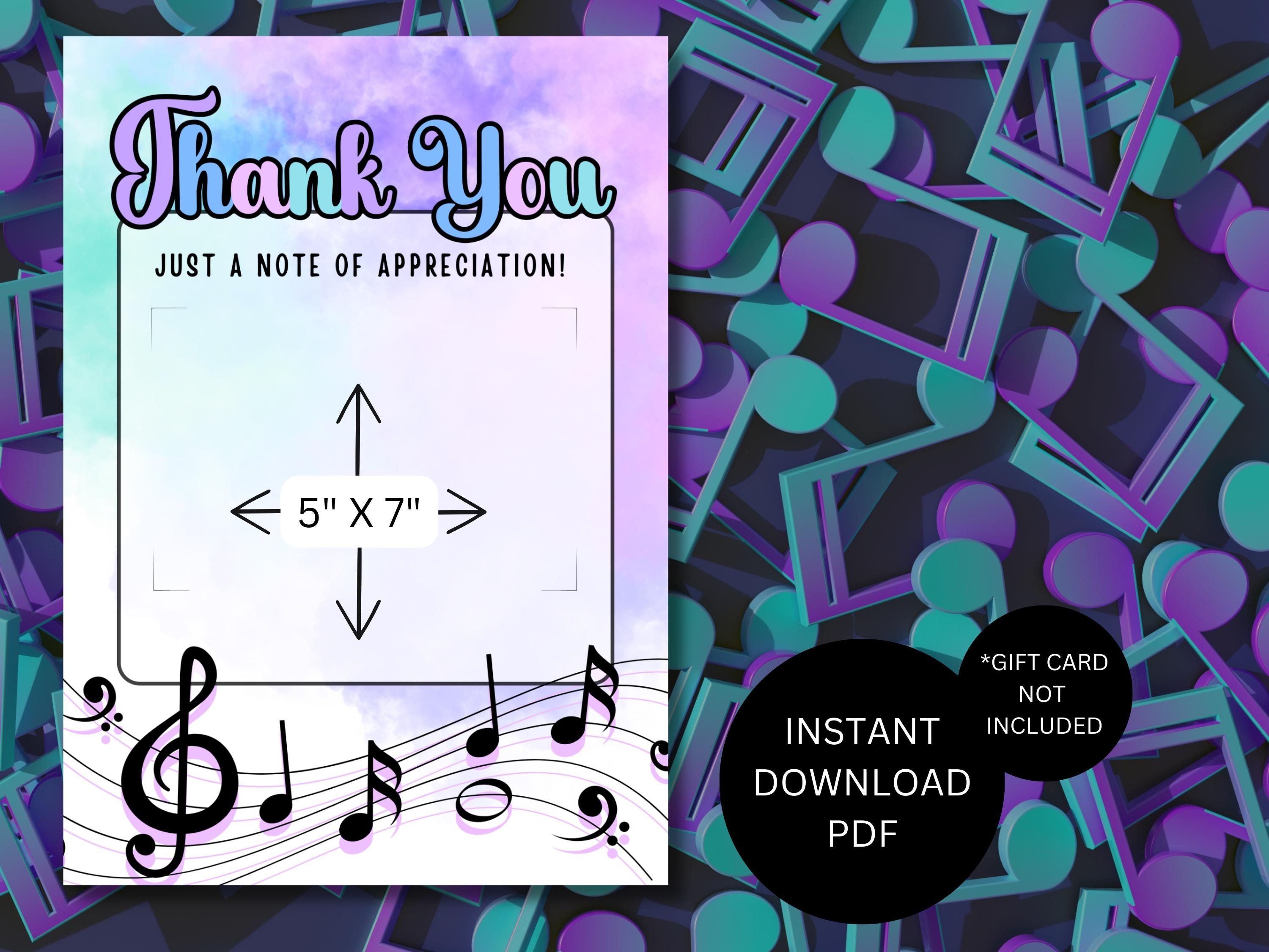 Printable Thank You Card for Music Teacher Gift Card Holder for Choir ...
