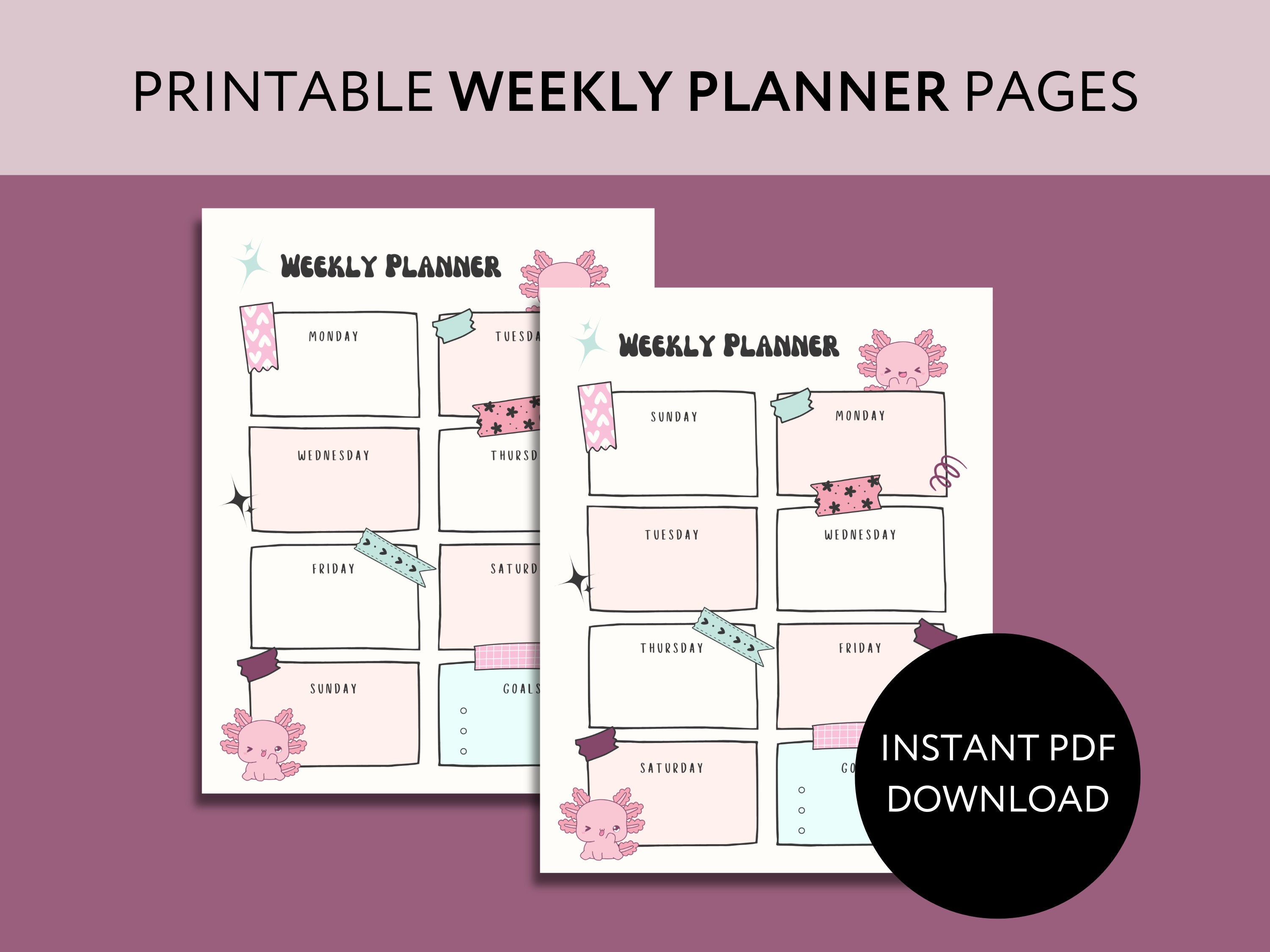 Weekly Planner Printable, Cute Kawaii Axolotl Routine Template, Task ...