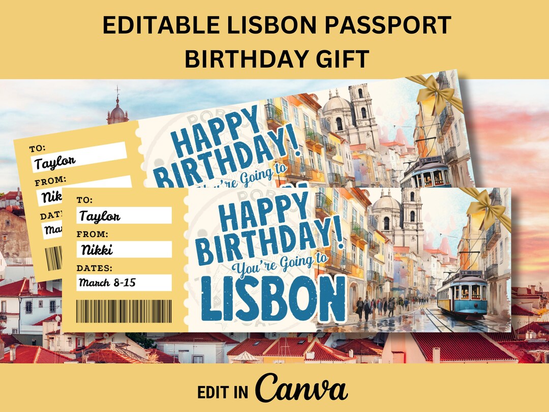 Editable Lisbon Portugal BIRTHDAY SURPRISE Ticket to Lisbon Boarding ...